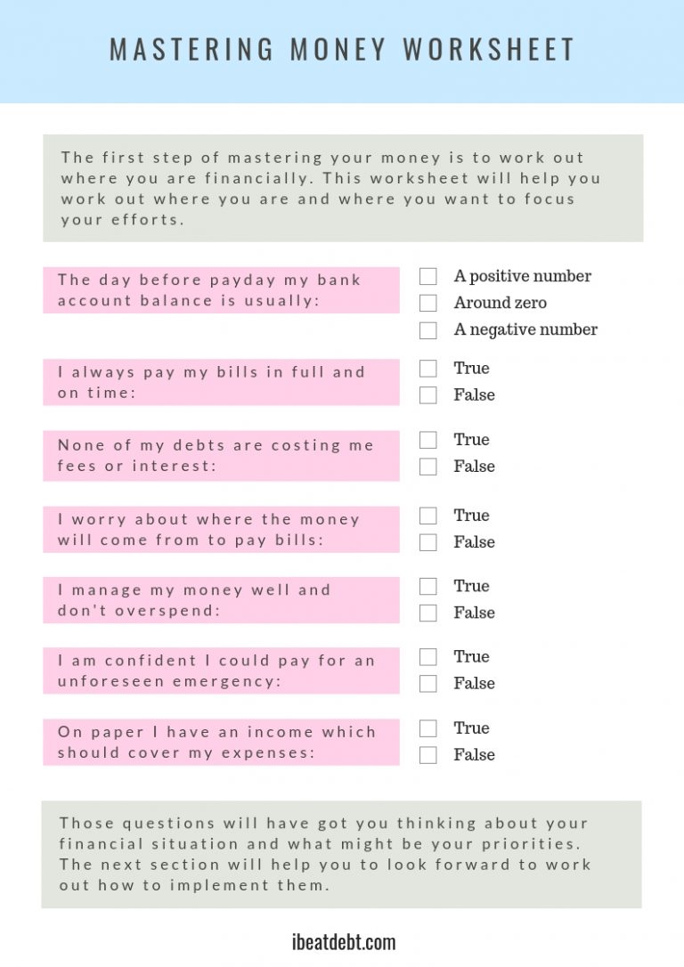 Money Mindset Worksheet - I BEAT DEBT